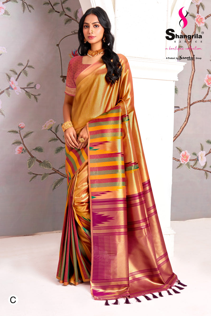 Metallic Gold Temple Border Kanchipuram Silk Saree – SHANGRILA DESIGNER