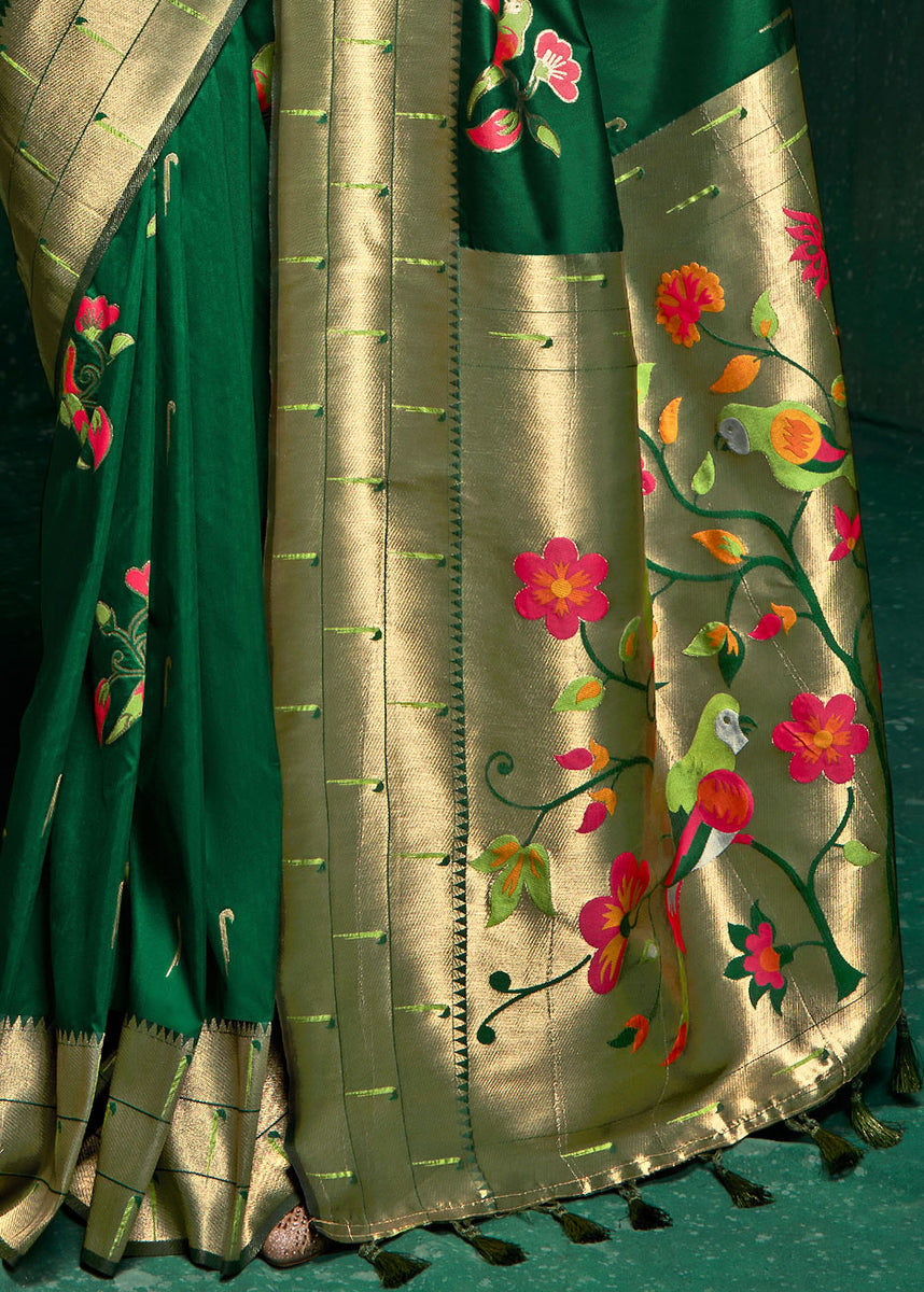 Pure Silk Meena Woven Dark Green Paithani Sare – SHANGRILA DESIGNER