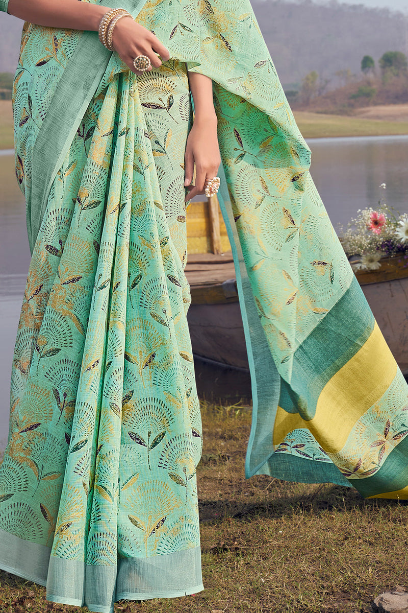 Light Green Printed Linen Saree – SHANGRILA DESIGNER